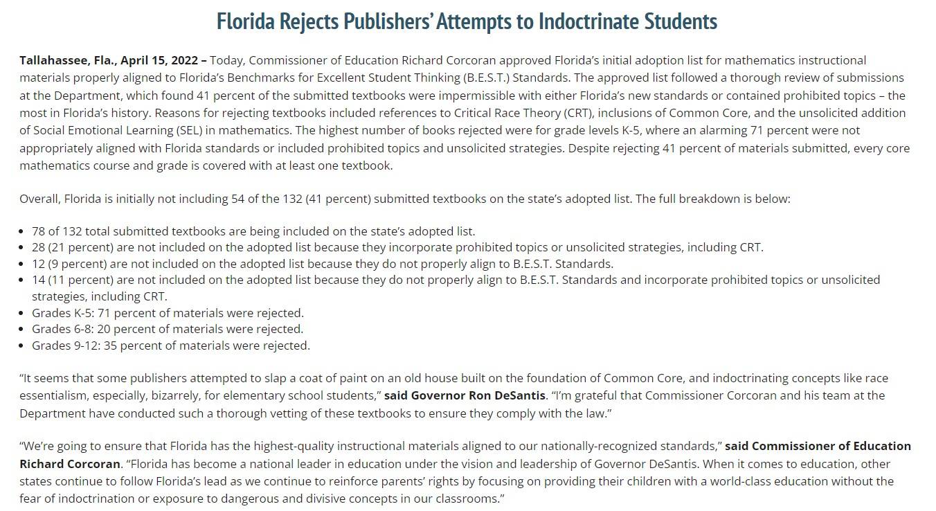 Florida DOE Releases 4 Examples Of CRT Content In Math Textbooks